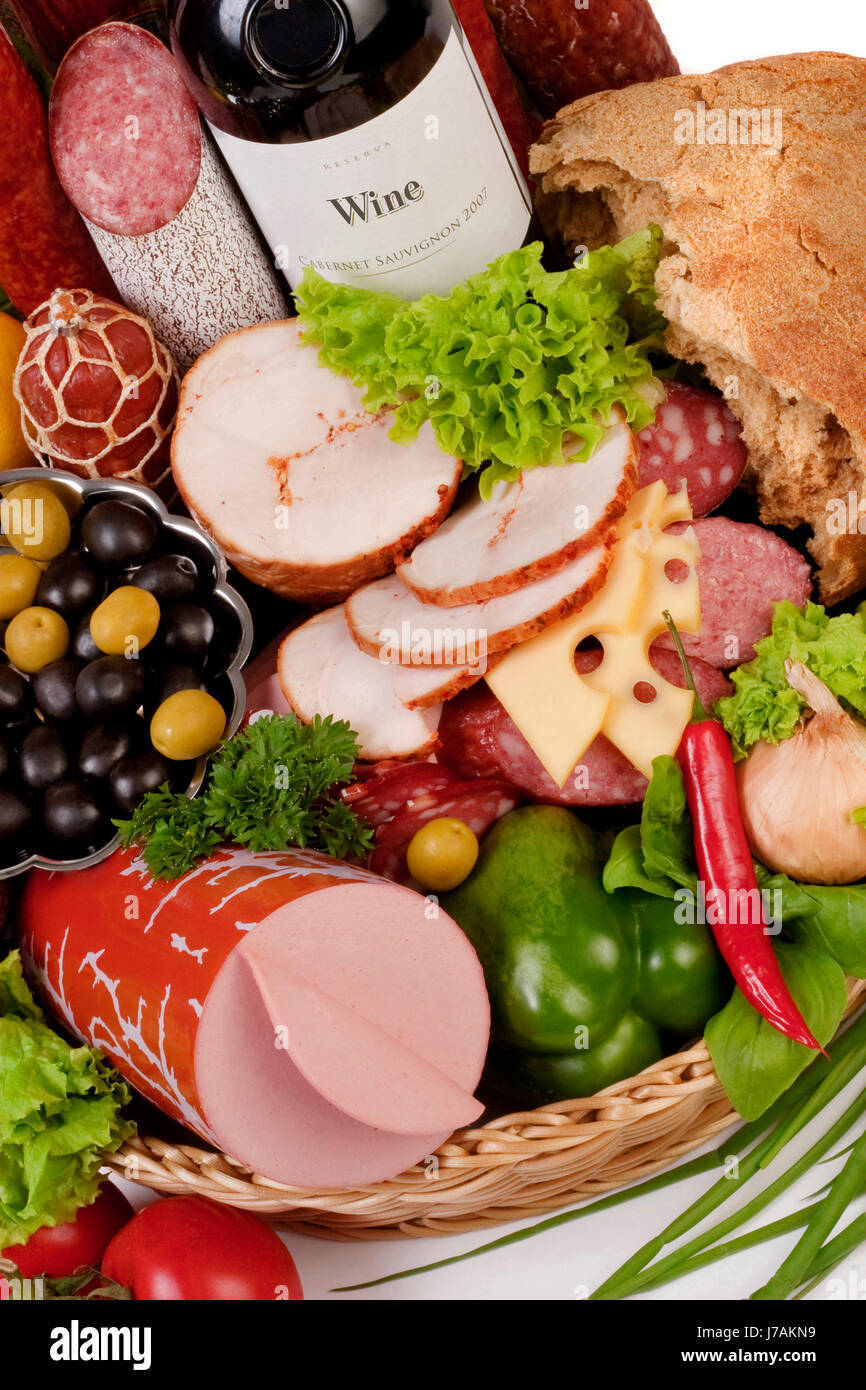 food aliment composition sausage ham assortment vegetables vine grape ...