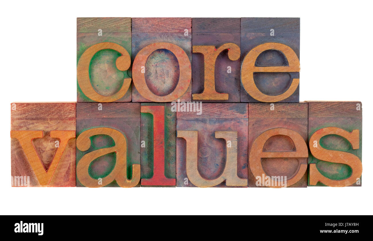 core ethics integrity isolated colour wood vintage letterpress ...