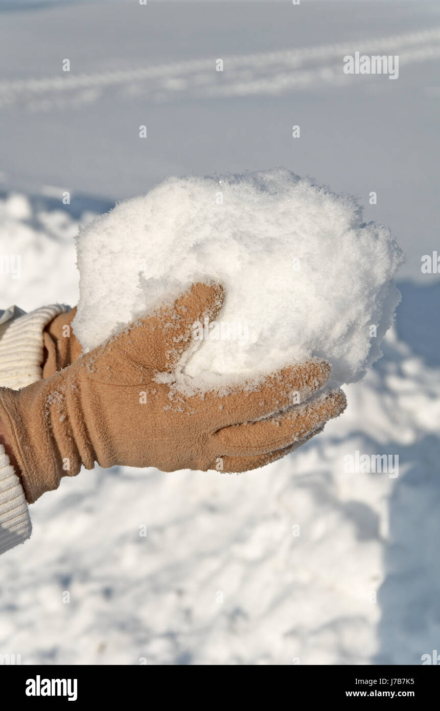 hand winter cold glove wintry snowball snow hold portrait format ...