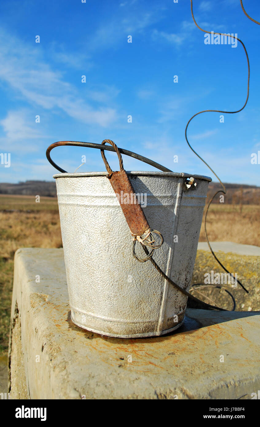 bucket blue bucket fountain metal traditional country well bail rural ...