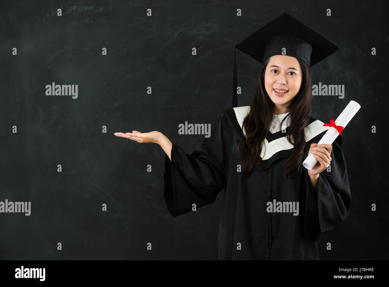 woman getting diploma open the hand show presenting empty area on ...