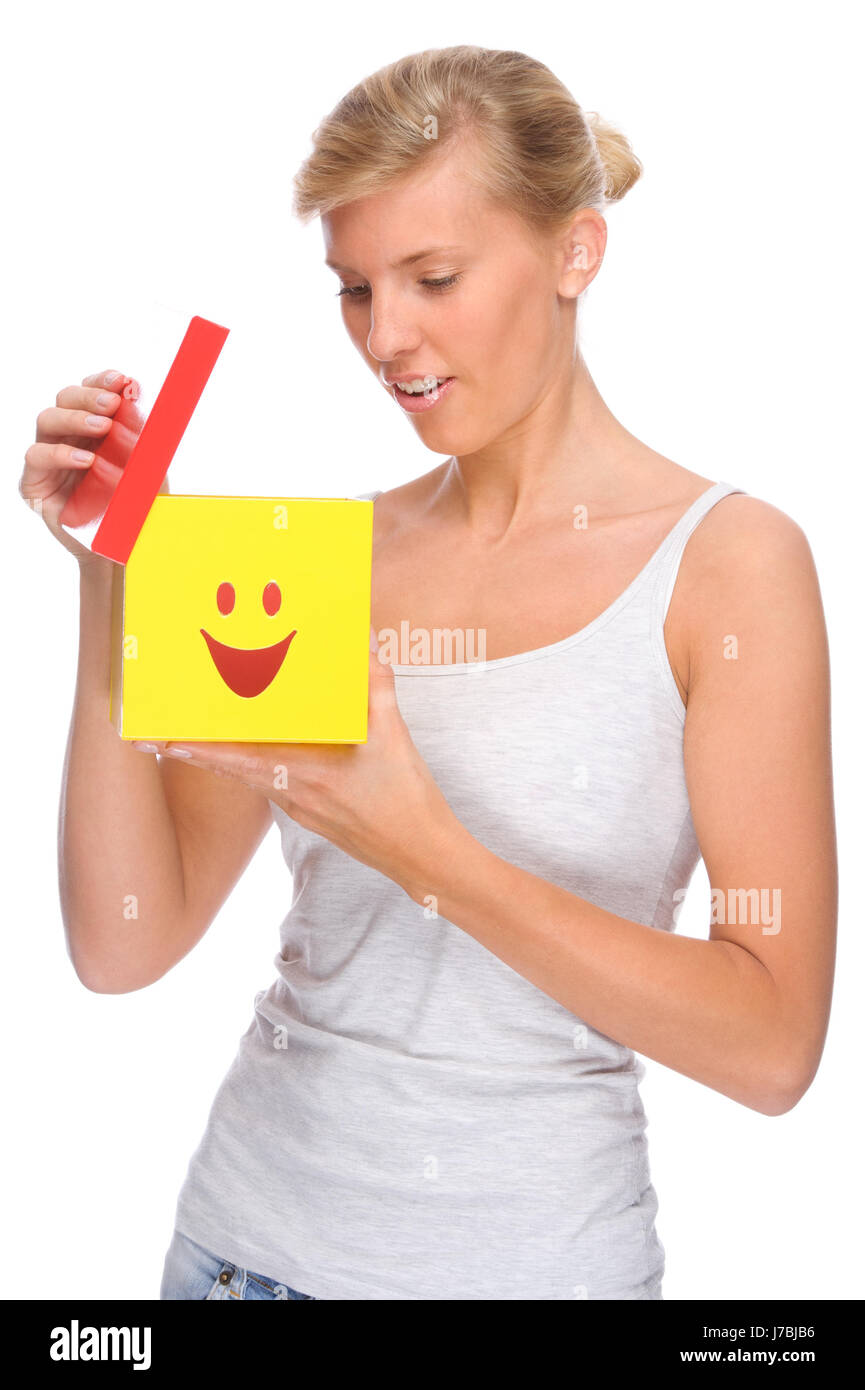 woman voltage chest box expectation smiley young younger blond woman ...