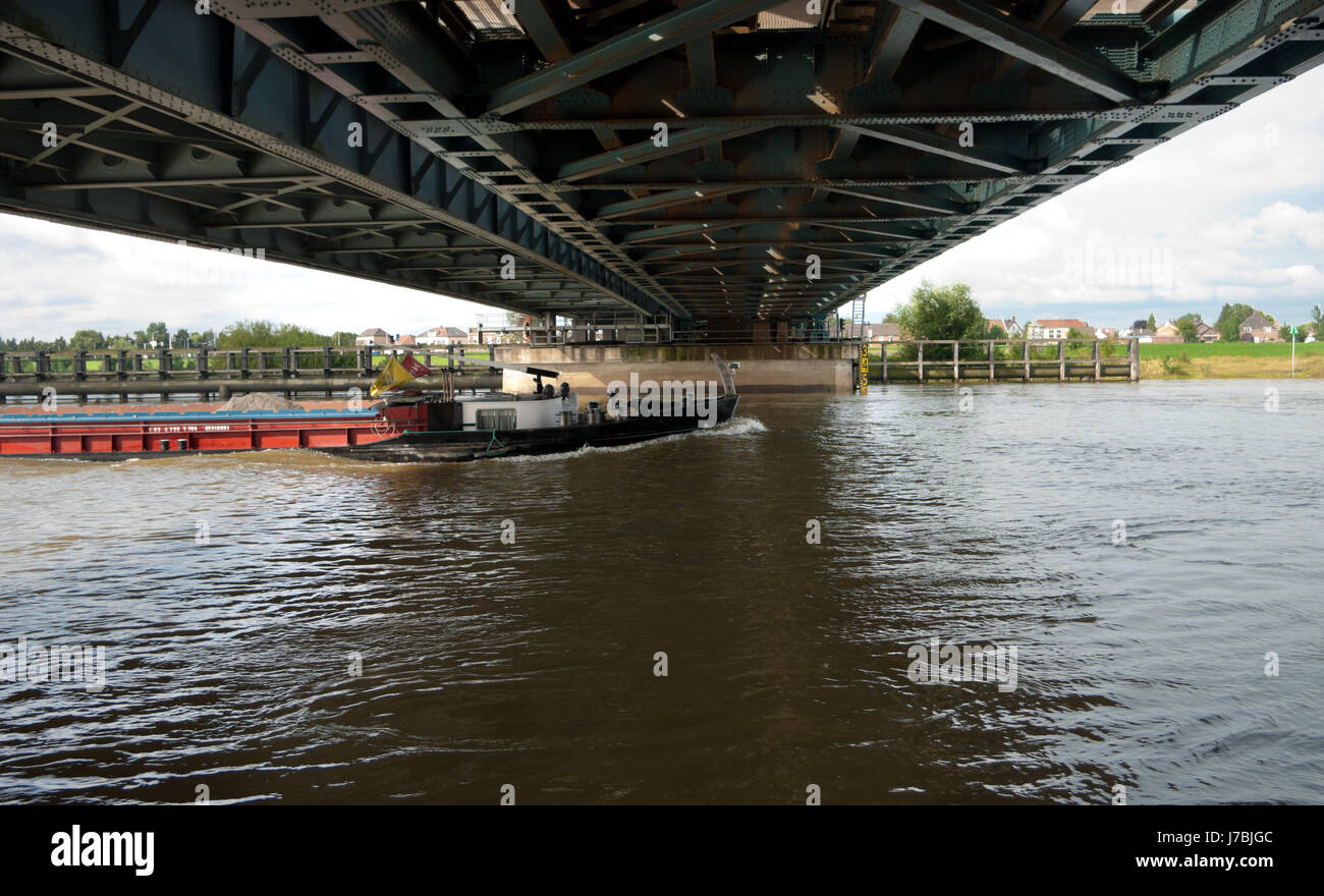 bridge transport freighter ship barge cargo river water sailing boat ...