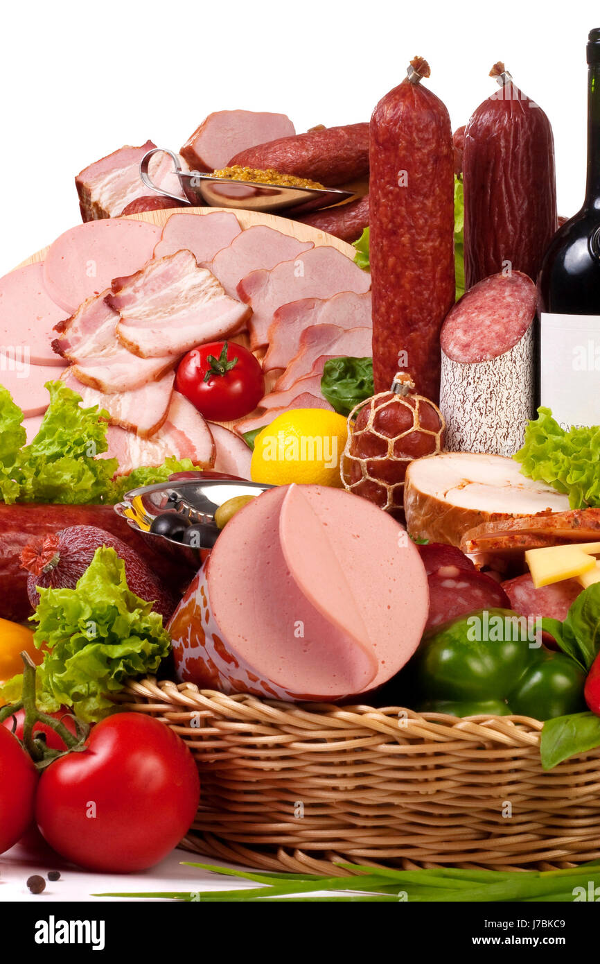 isolated composition sausage delicatessen sliced assortment vegetables ...
