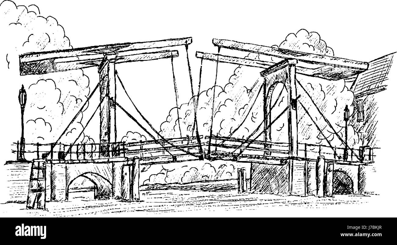 illustration draw cartoon house building city town tree bridge black ...