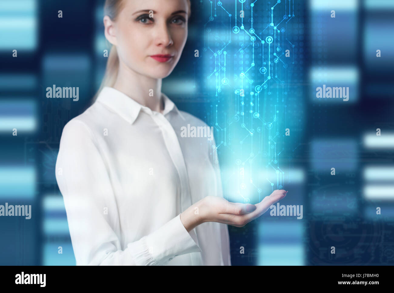 Business woman touching virtual screen. Innovative technologies Stock ...