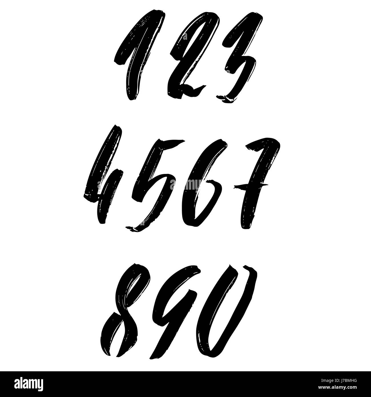 Set of calligraphic ink numbers. Dry brush lettering. Vector ...