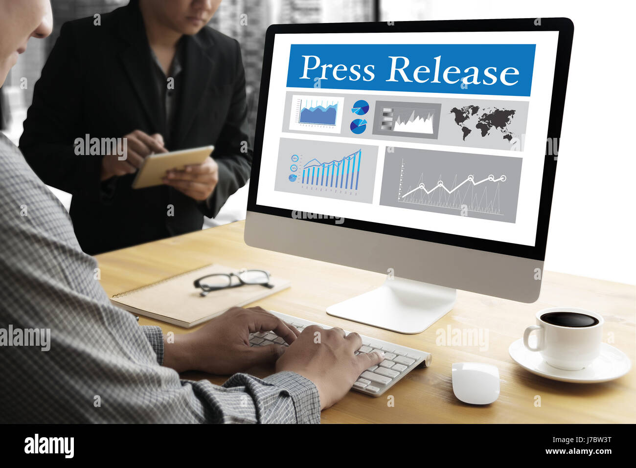 Press Release concept, Thoughtful male person looking computer Stock ...
