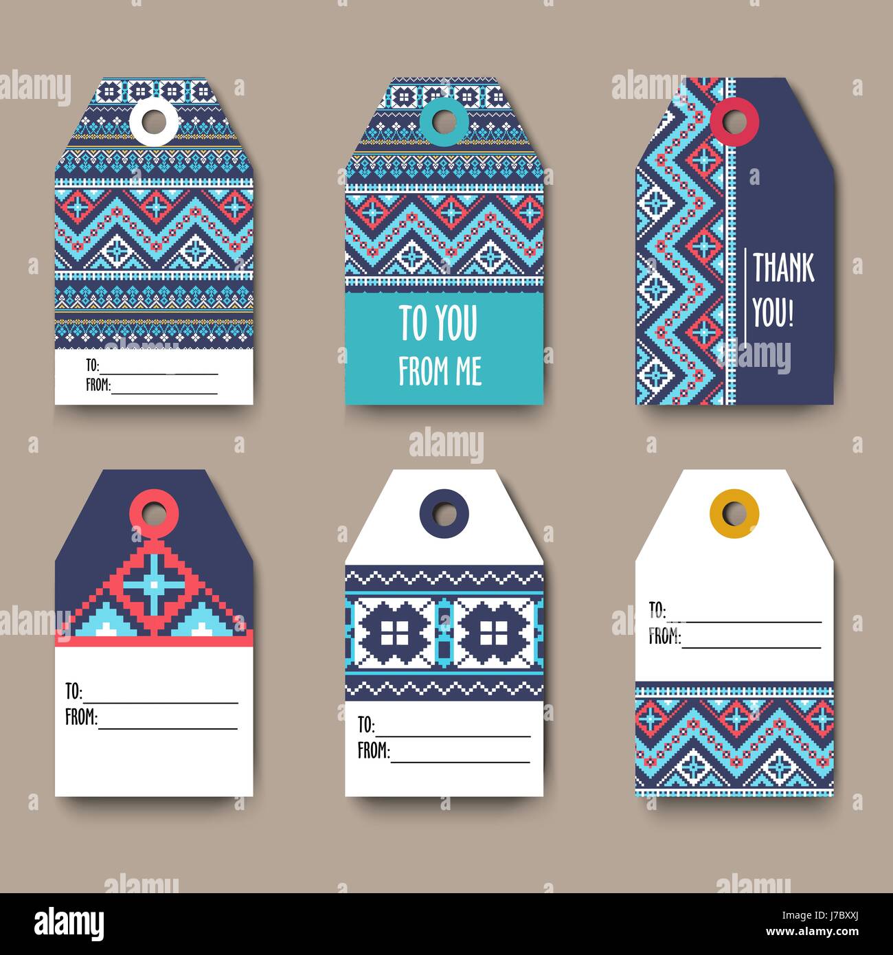 Set of geometric tribal colorful tags with Aztec pixel pattern, label ...
