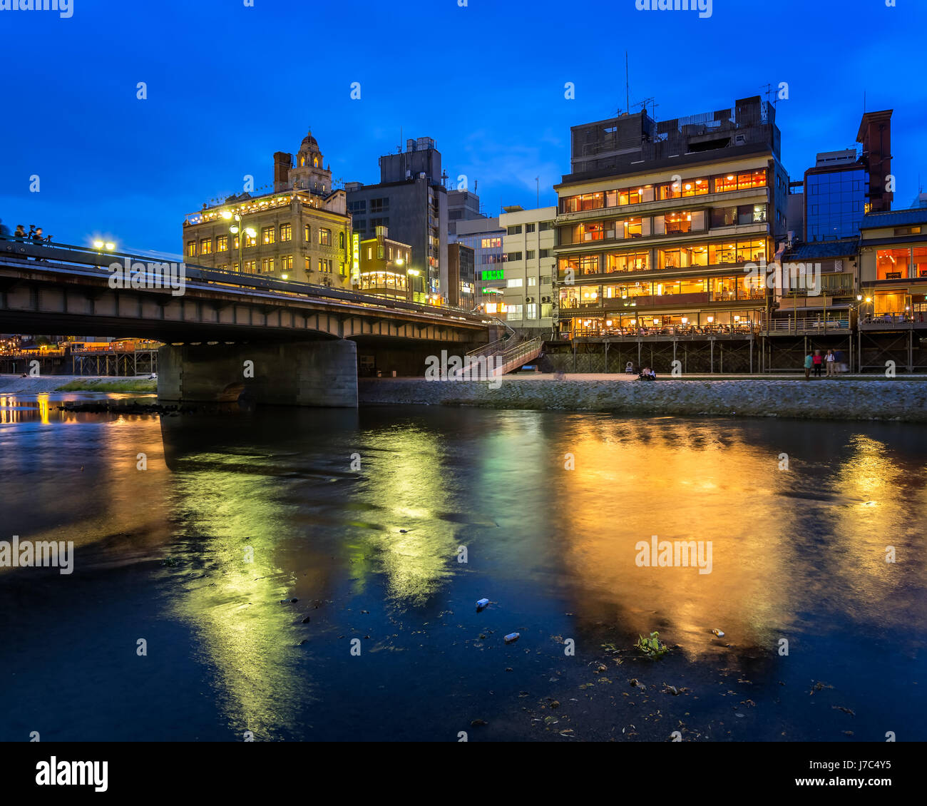 Kamo River and Shijo Dori Bridge in the Evening, Kyoto, Japan Stock ...