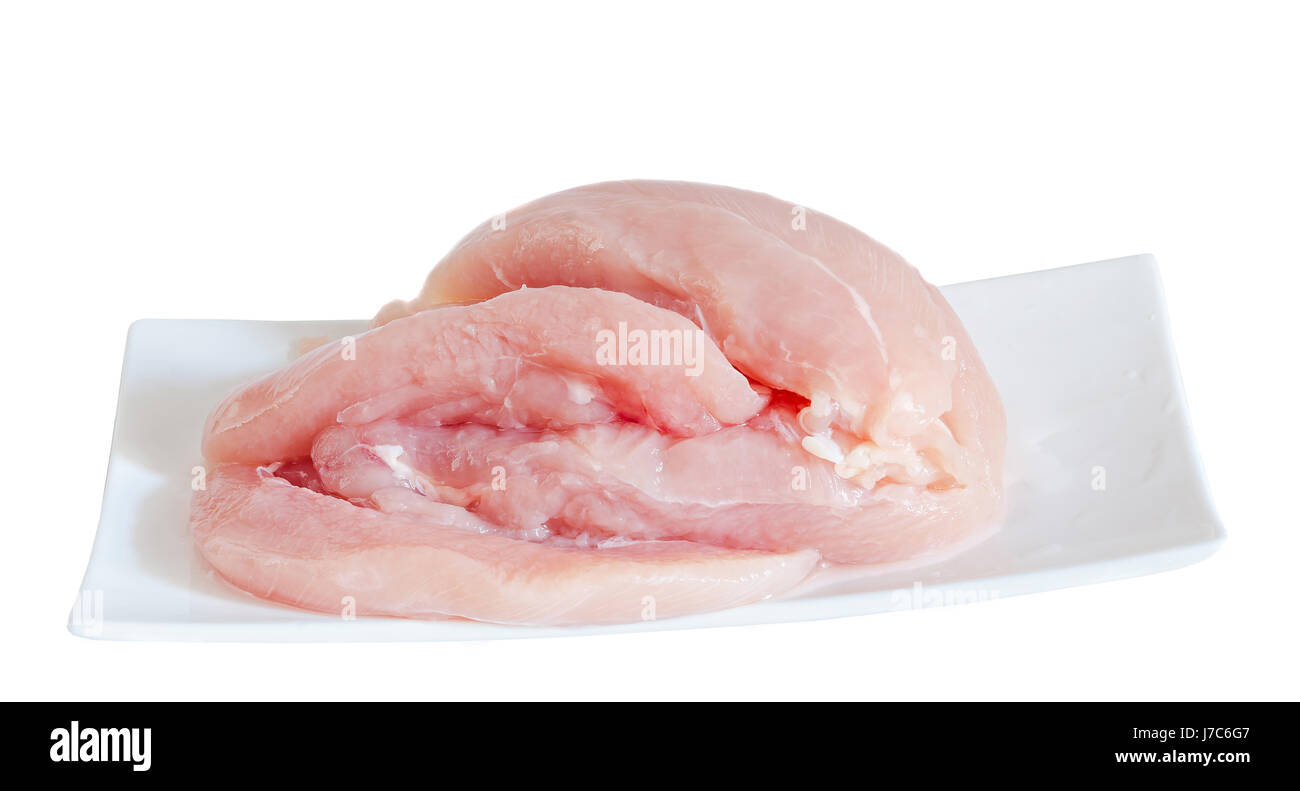 Chicken raw meat on a white plate, close up, white background Stock ...