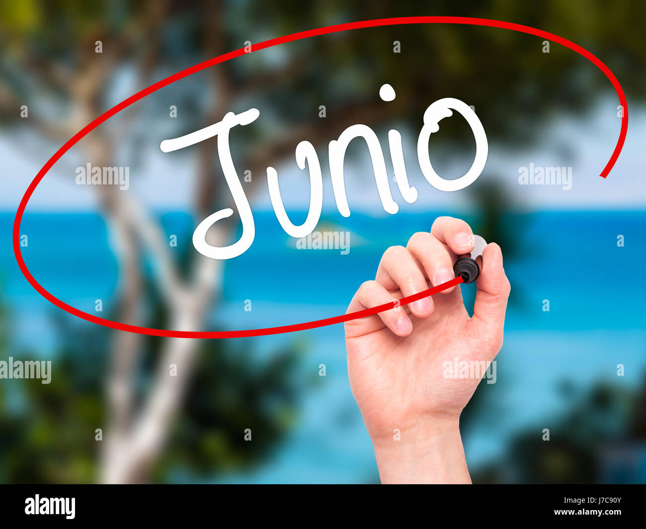 Man Hand writing Junio (June in Spanish) with black marker on visual ...