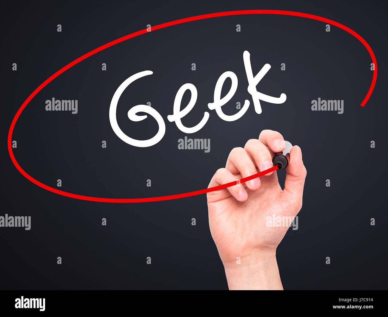Man Hand writing Geek with black marker on visual screen. Isolated on ...
