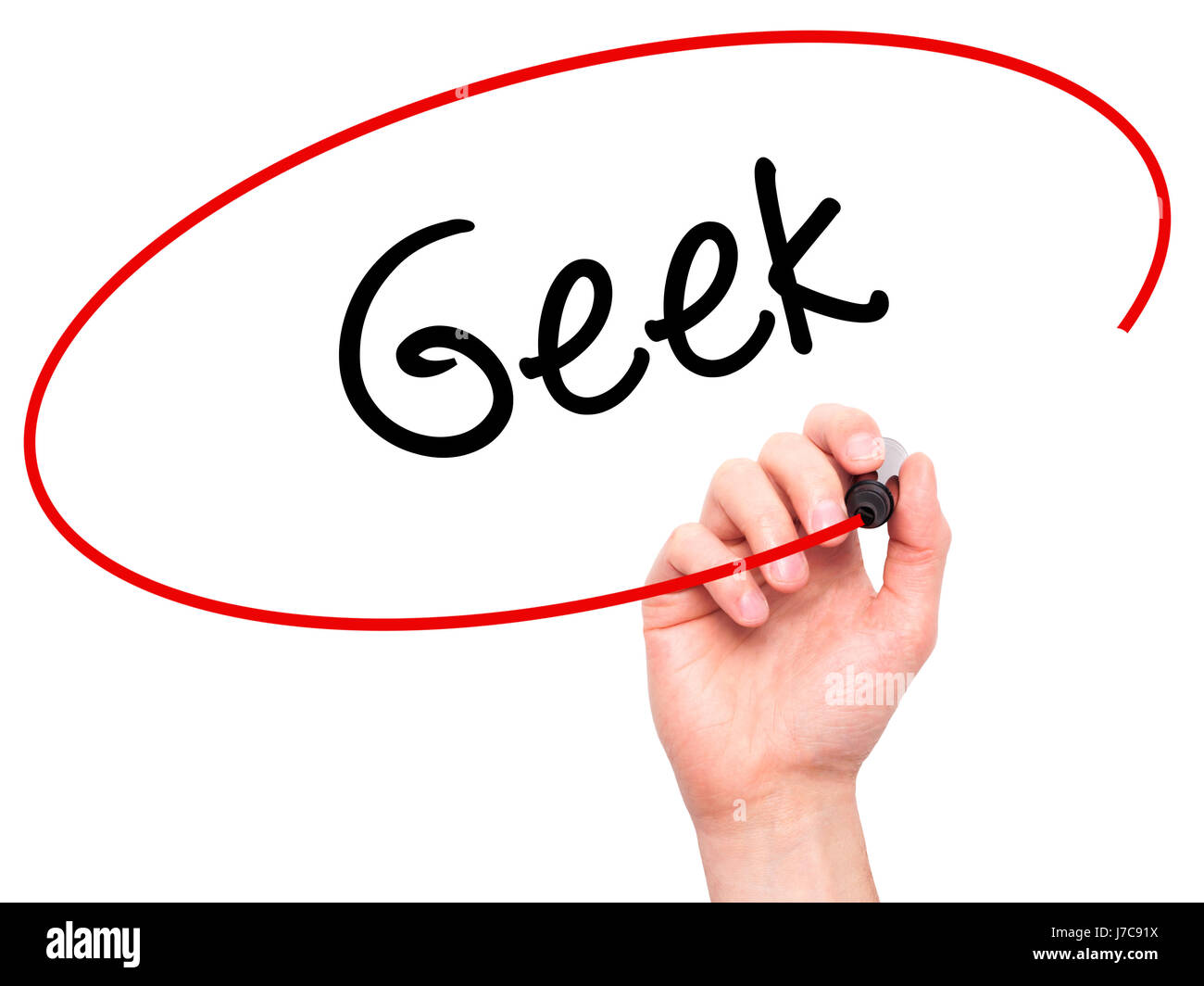 Man Hand writing Geek with black marker on visual screen. Isolated on ...