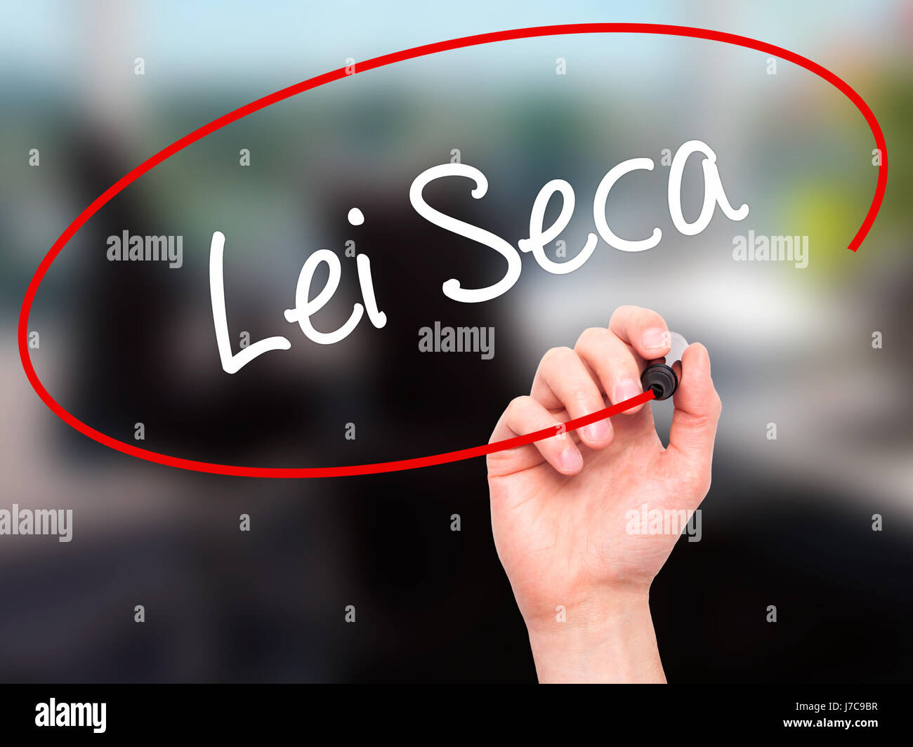 Man Hand writing Lei Seca (Prohibition Alcohol Law n Portuguese) with ...