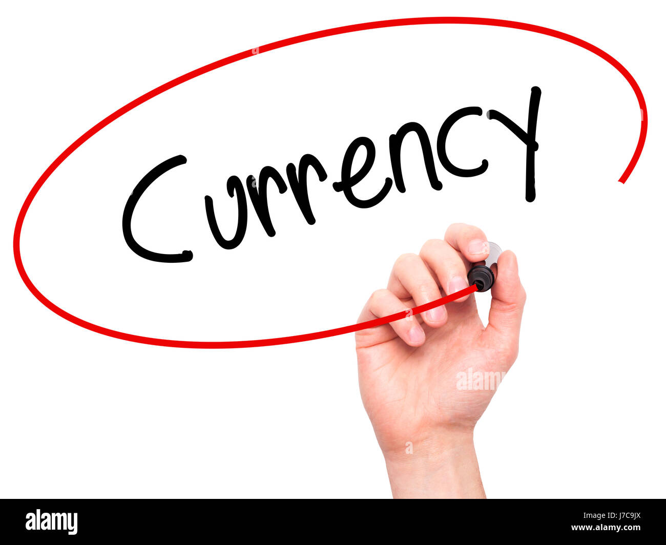 Man Hand writing Currency with black marker on visual screen. Isolated ...
