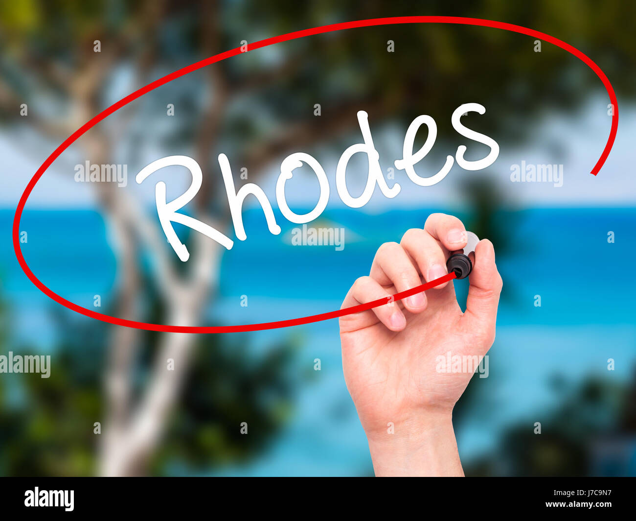 Man Hand writing Rhodes with black marker on visual screen. Isolated on ...