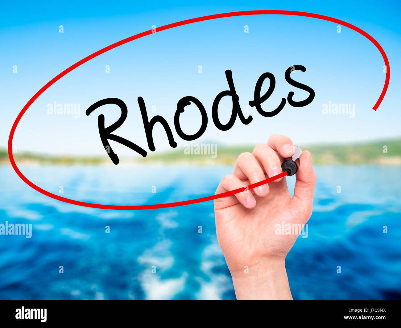 Man Hand writing Rhodes with black marker on visual screen. Isolated on ...
