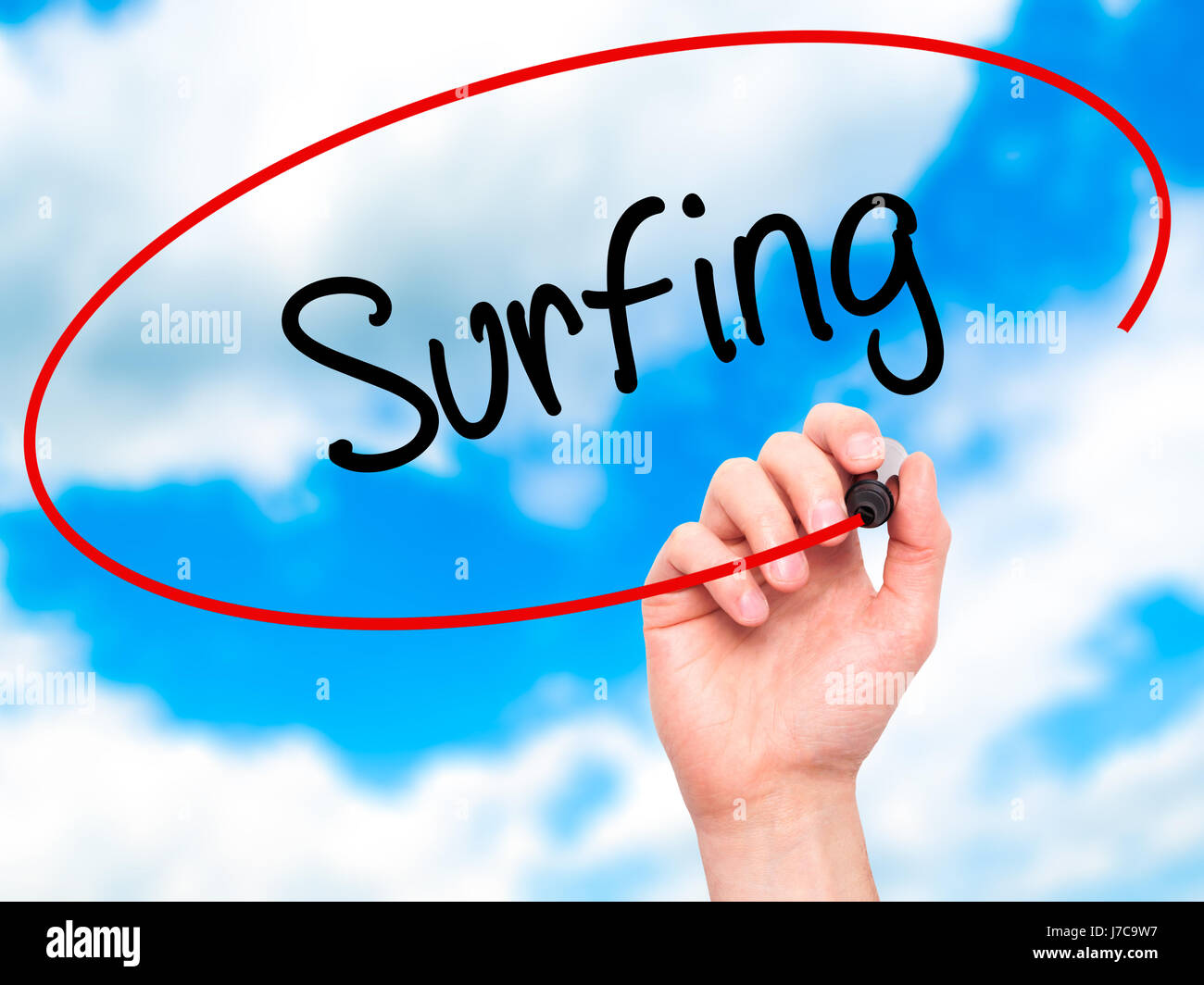 Man Hand writing Surfing with black marker on visual screen. Isolated ...
