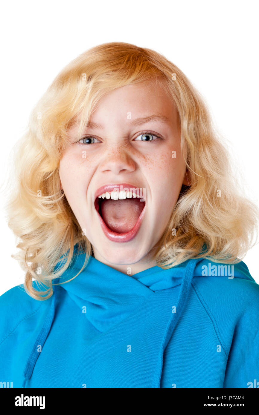 young blond girl screams into camera Stock Photo - Alamy