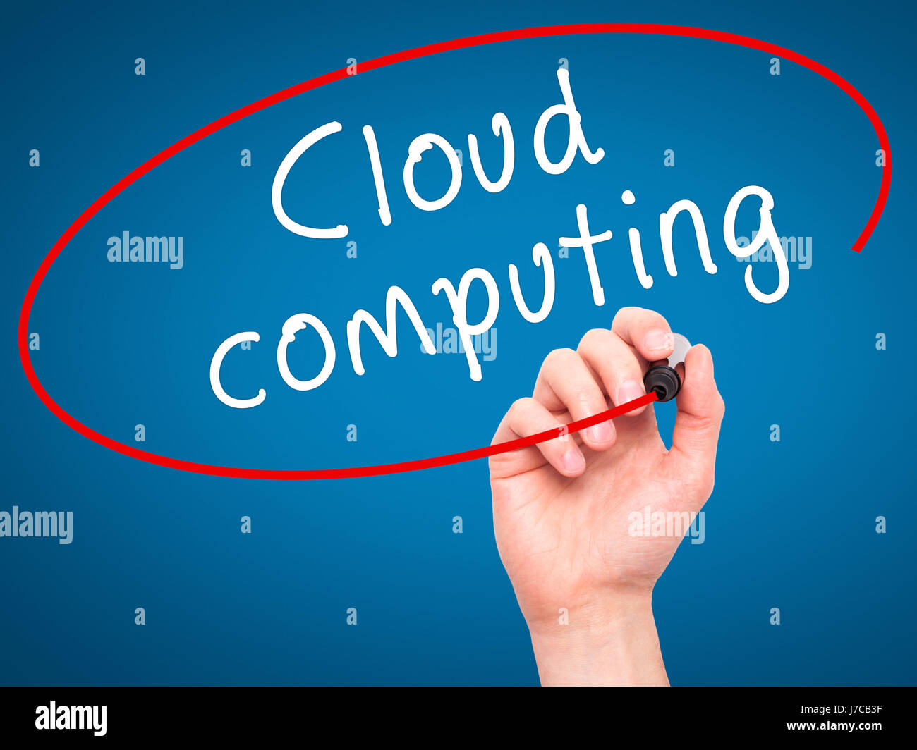 Man Hand writing Cloud computing with black marker on visual screen ...