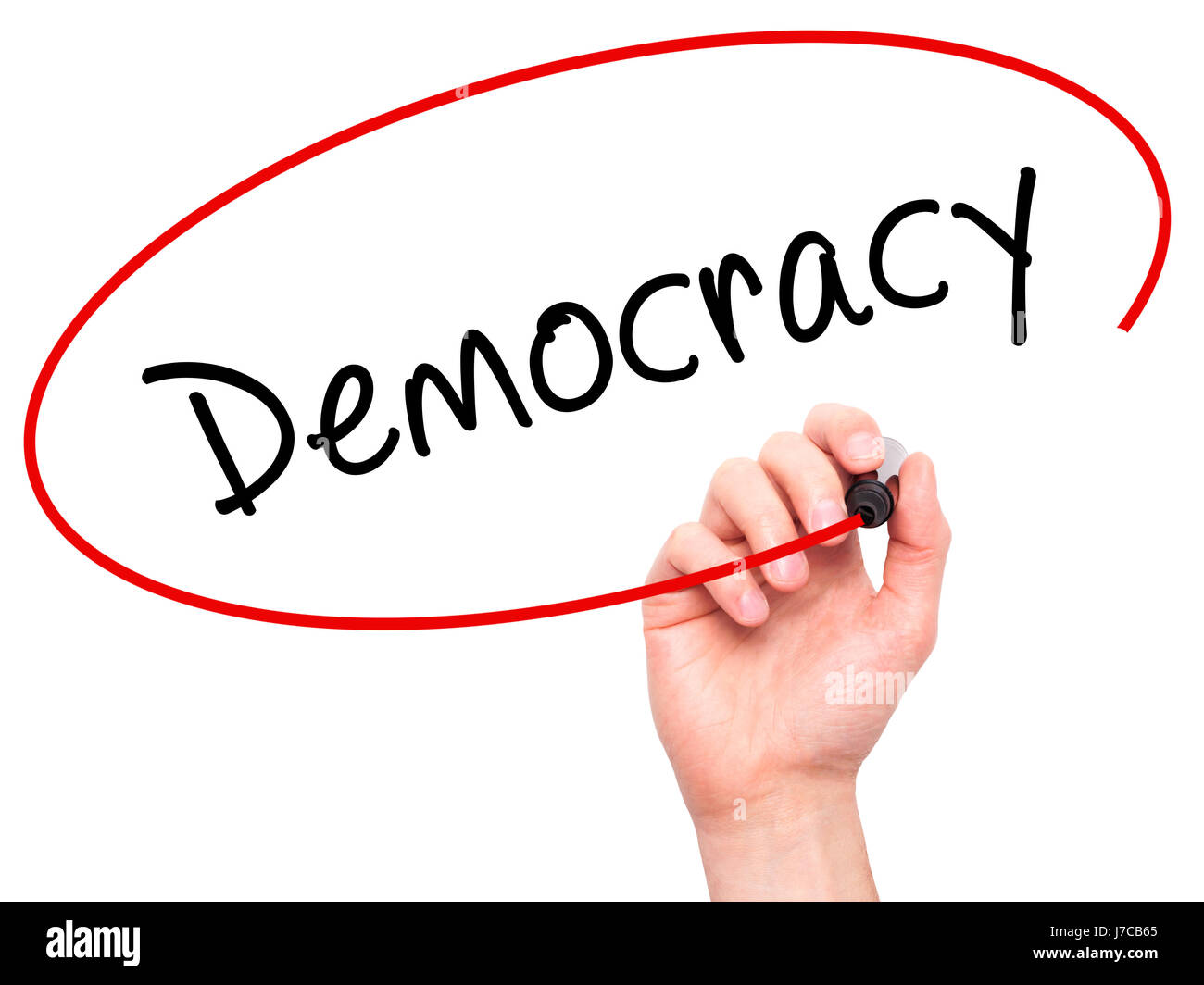 Man Hand writing Democracy with black marker on visual screen. Isolated ...