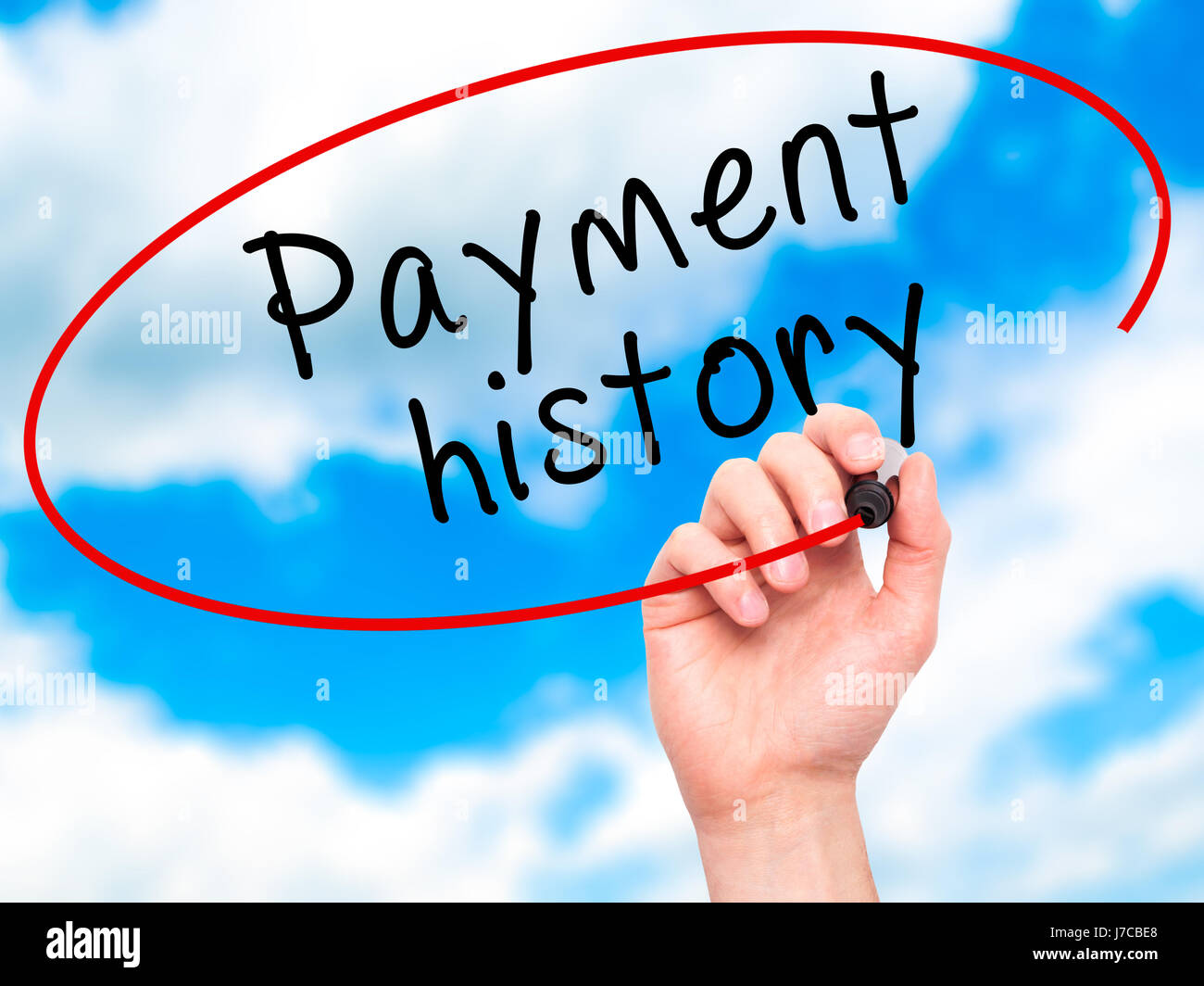 Man Hand writing Payment history with black marker on visual screen ...