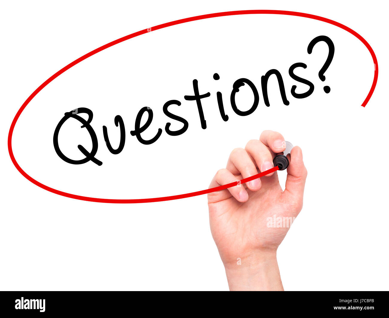 Man Hand writing Questions? with black marker on visual screen ...