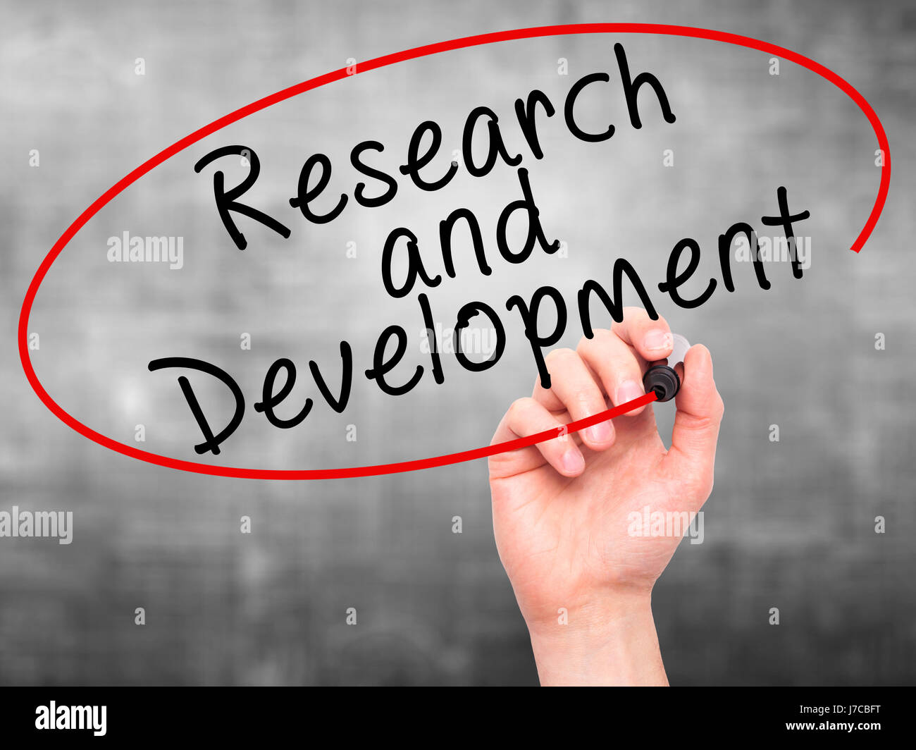 Man Hand writing Research and Development with black marker on visual ...