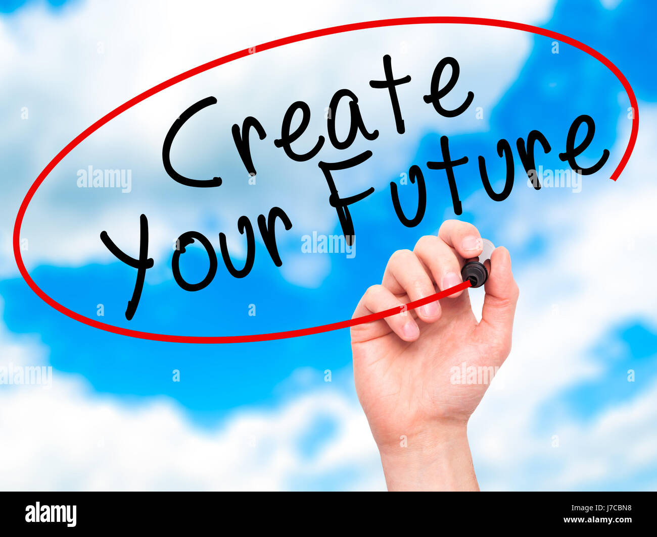 Man Hand writing Create Your Future with black marker on visual screen ...