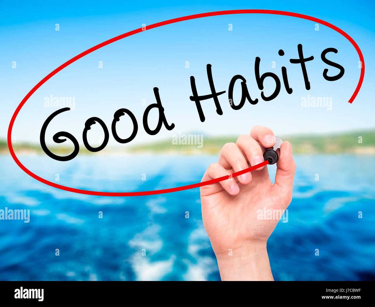 Man Hand writing Good Habits with black marker on visual screen ...