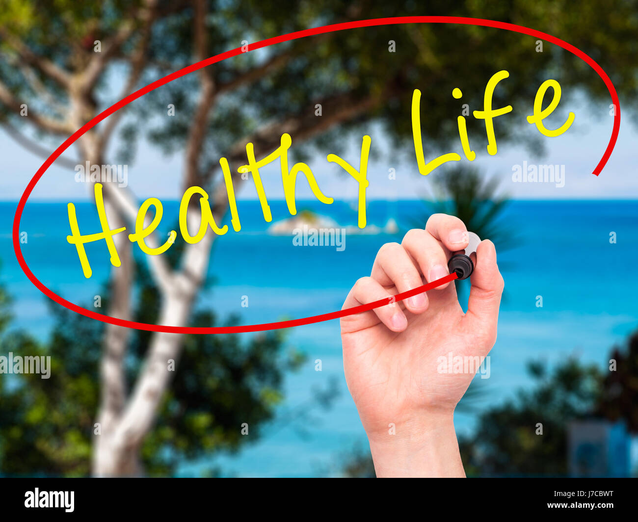 Man Hand writing Healthy Life black marker on visual screen. Isolated ...