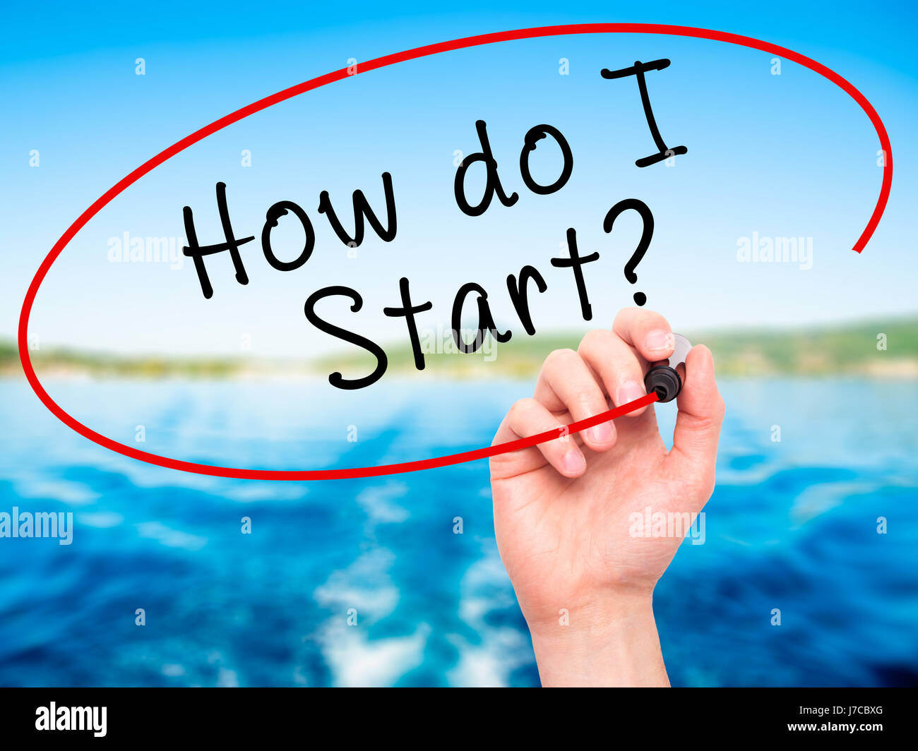 Man Hand writing How do I Start? with black marker on visual screen ...