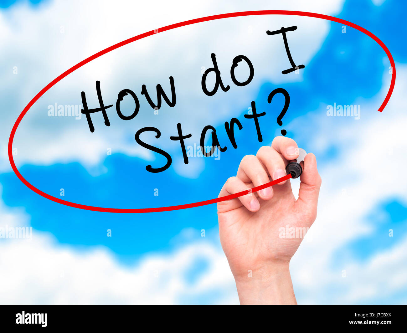 Man Hand writing How do I Start? with black marker on visual screen ...