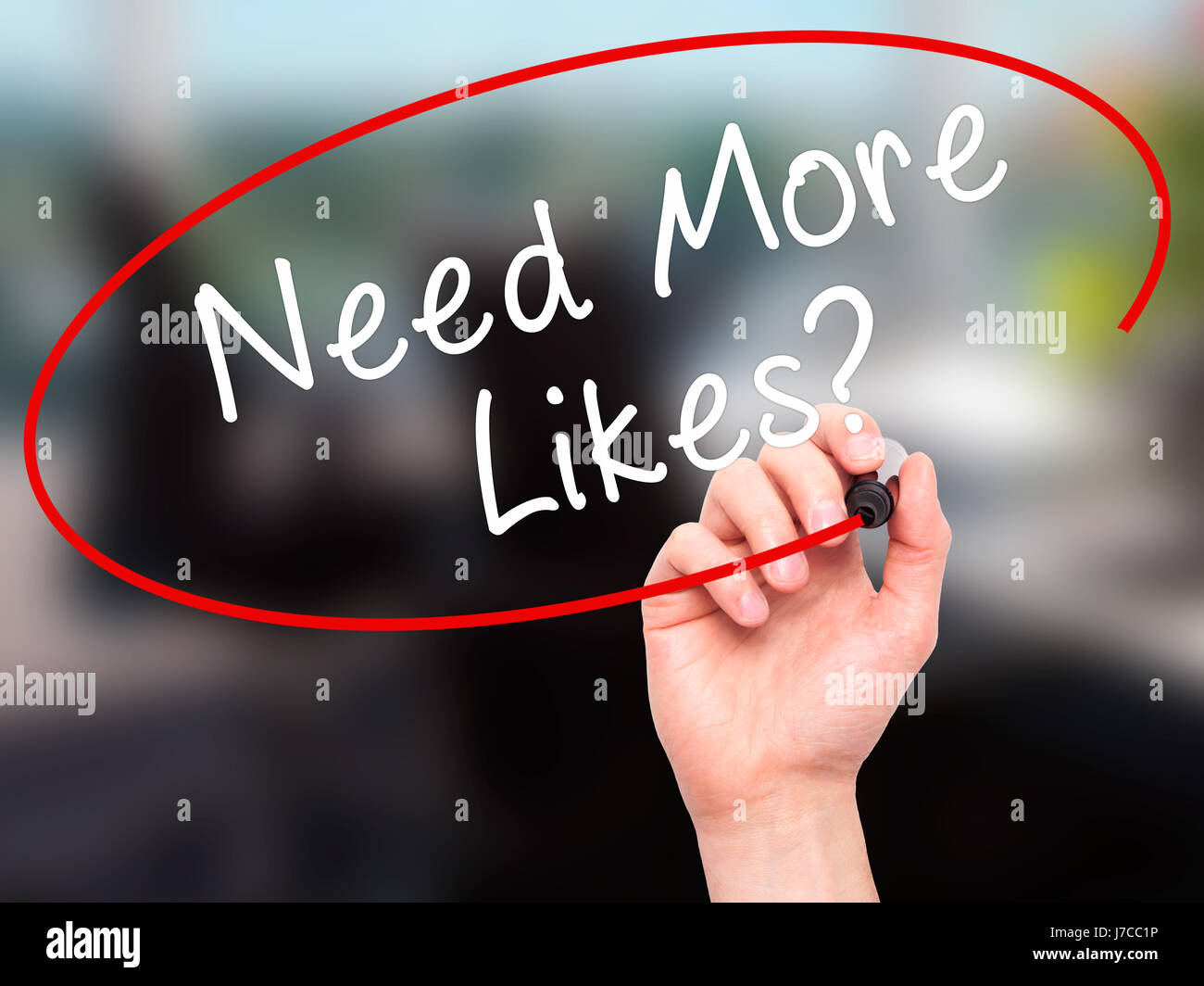 Man Hand writing Need More Likes? black marker on visual screen ...