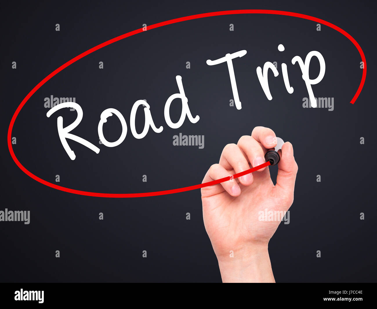 Man Hand writing Road Trip with black marker on visual screen. Isolated ...