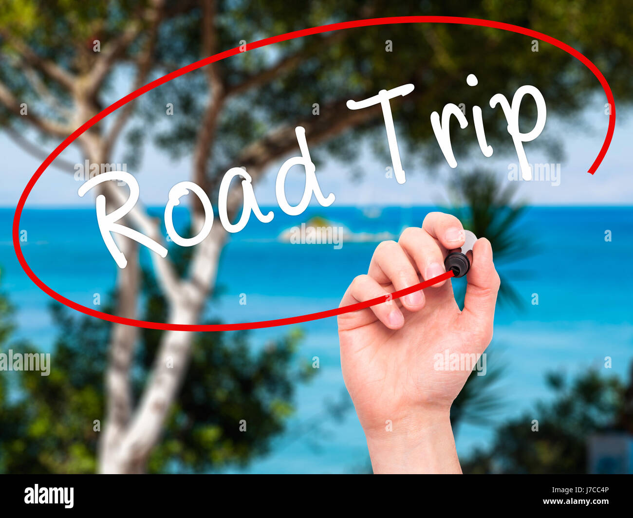 Man Hand writing Road Trip with black marker on visual screen. Isolated ...