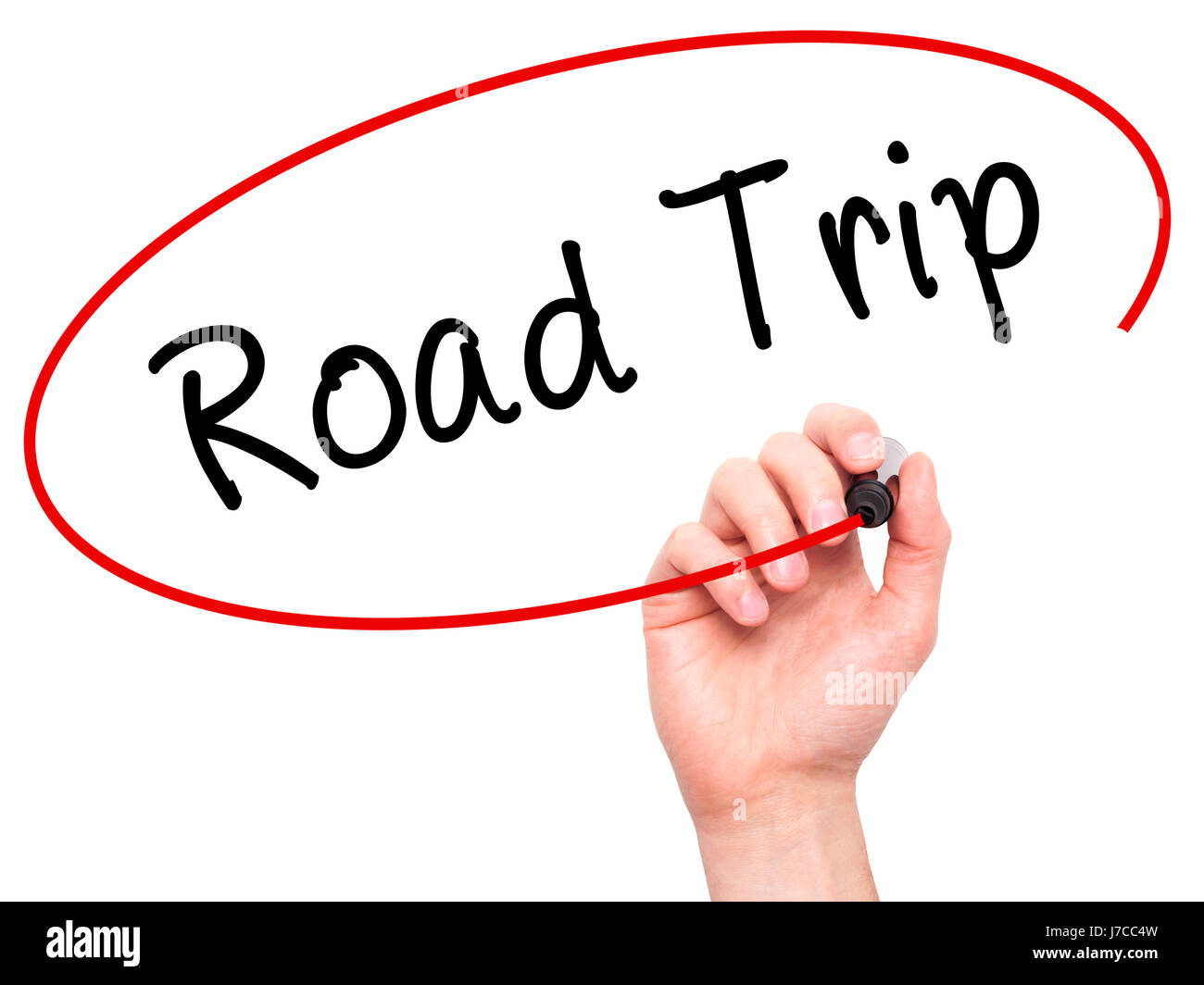 Man Hand writing Road Trip with black marker on visual screen. Isolated ...