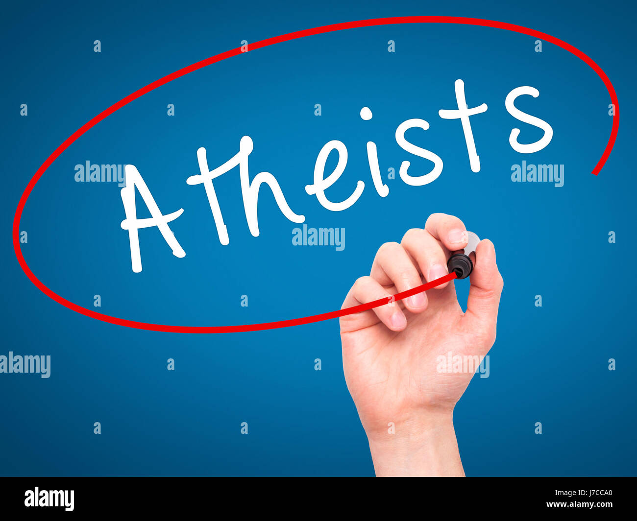 Man Hand writing Atheists with black marker on visual screen. Isolated ...
