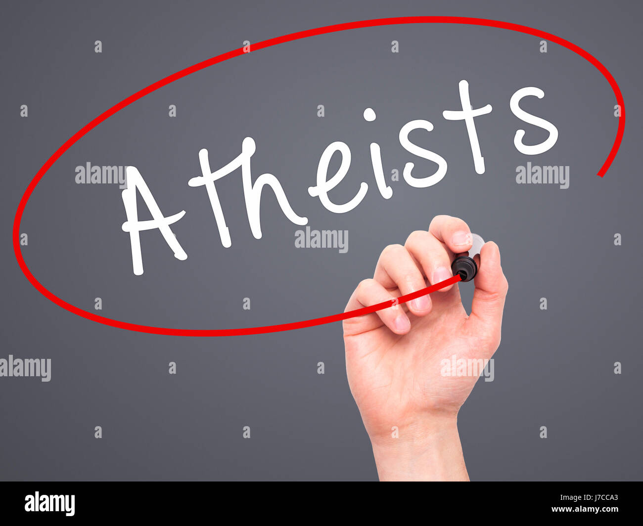 Man Hand writing Atheists with black marker on visual screen. Isolated ...