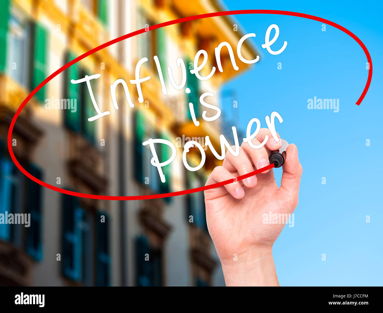 Man Hand writing Influence is Power with black marker on visual screen ...