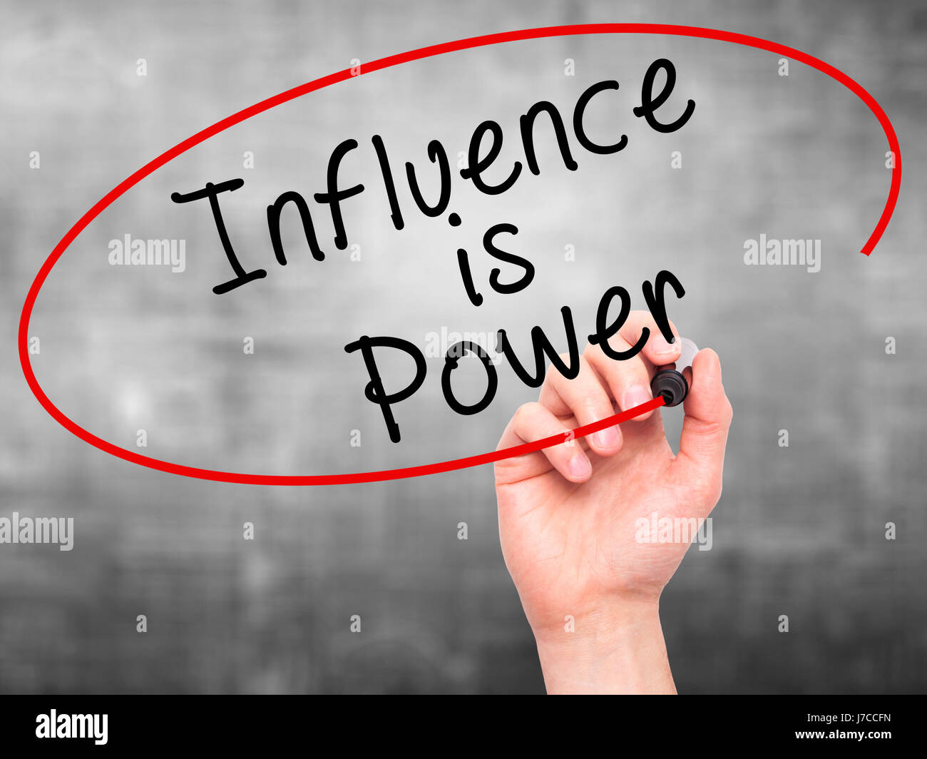 Man Hand writing Influence is Power with black marker on visual screen ...