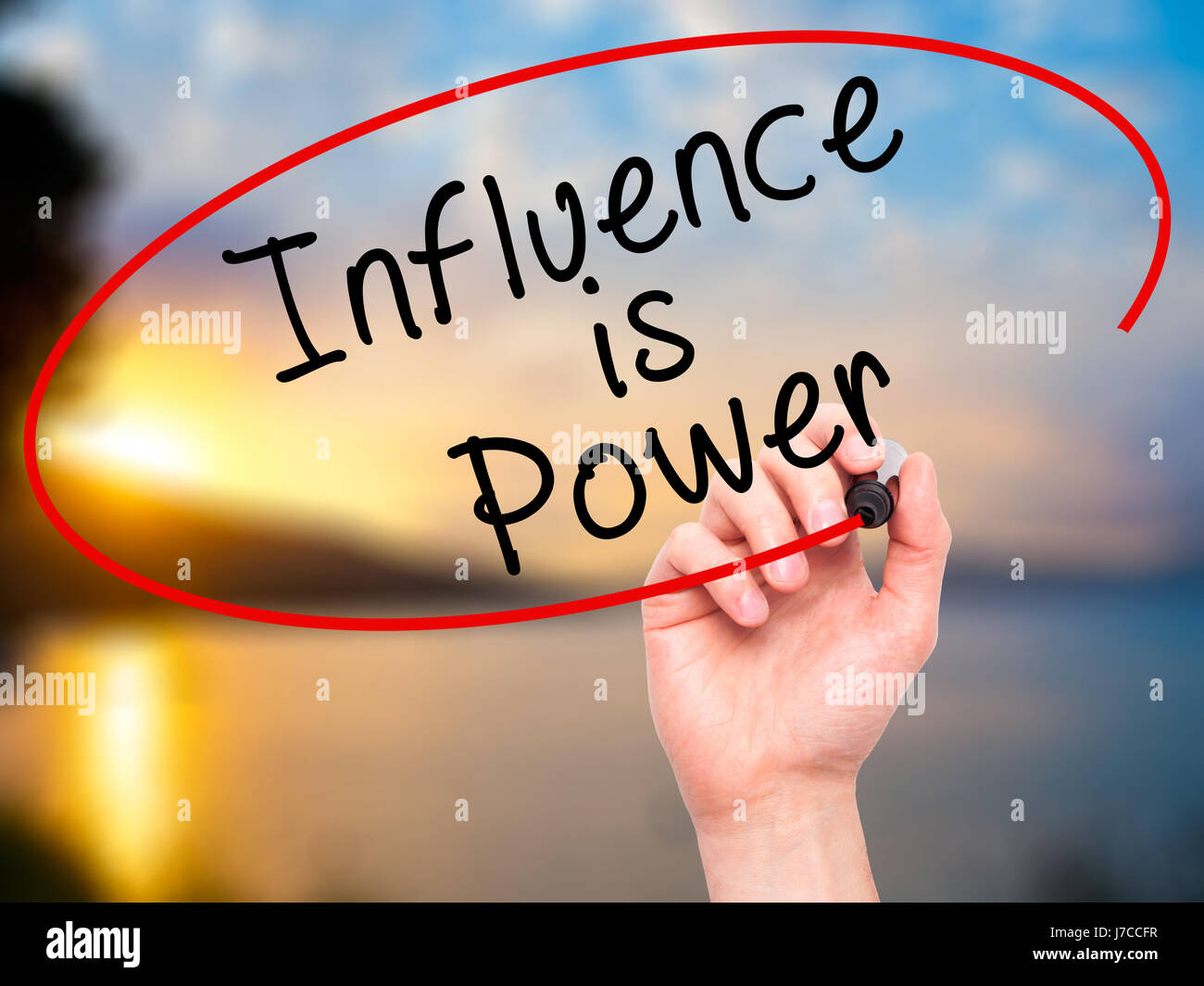 Man Hand writing Influence is Power with black marker on visual screen ...