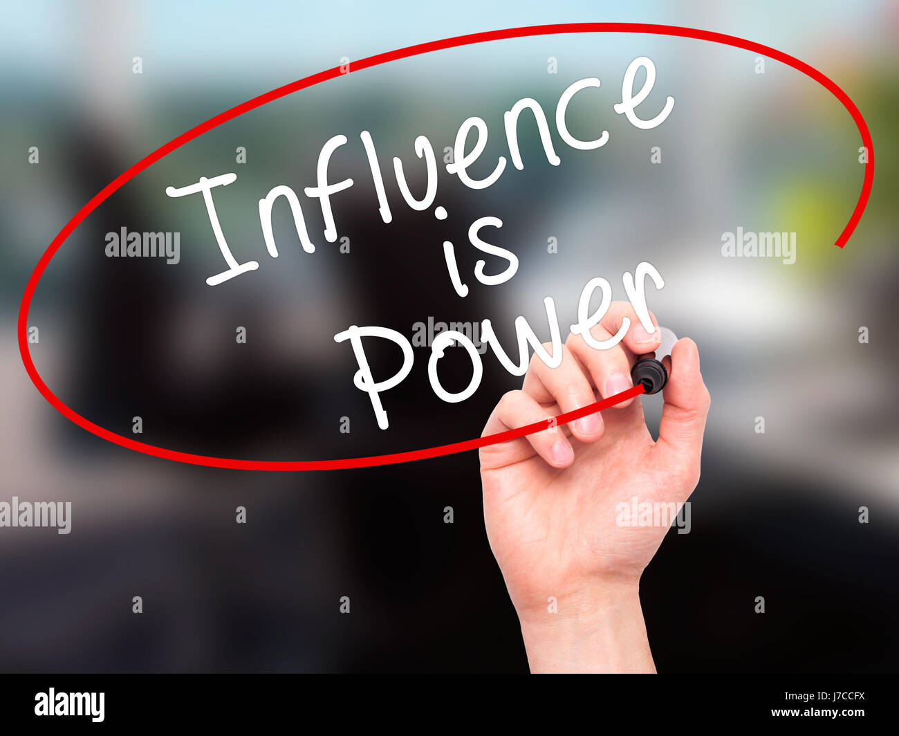 Man Hand writing Influence is Power with black marker on visual screen ...