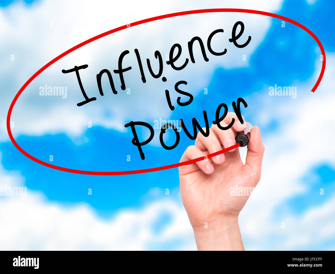 Man Hand writing Influence is Power with black marker on visual screen ...