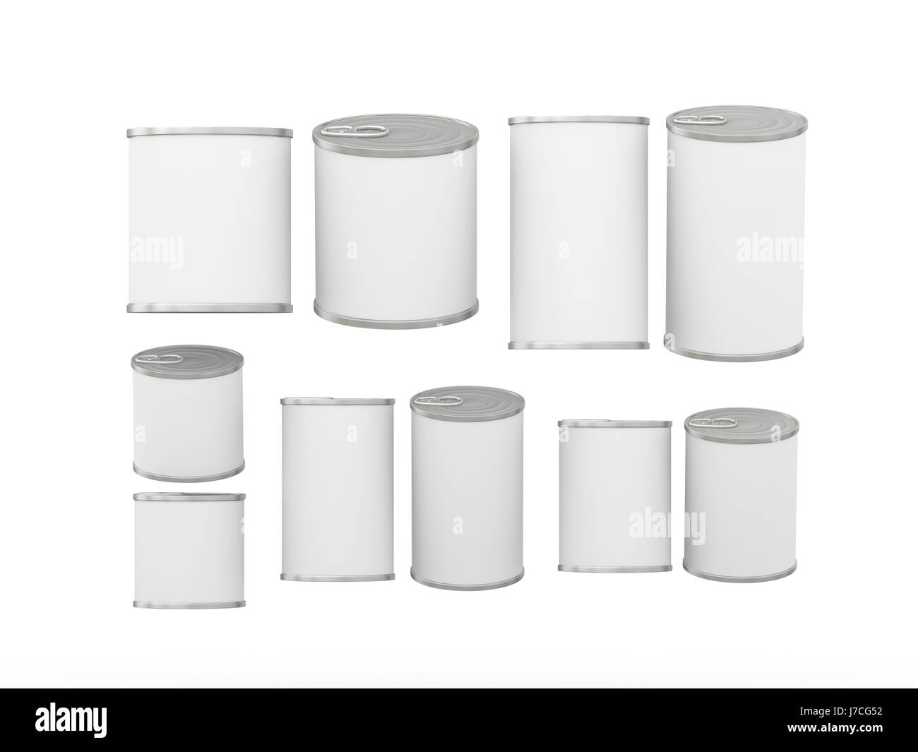 Set of blank tin cans in various sizes . General can packaging with ...