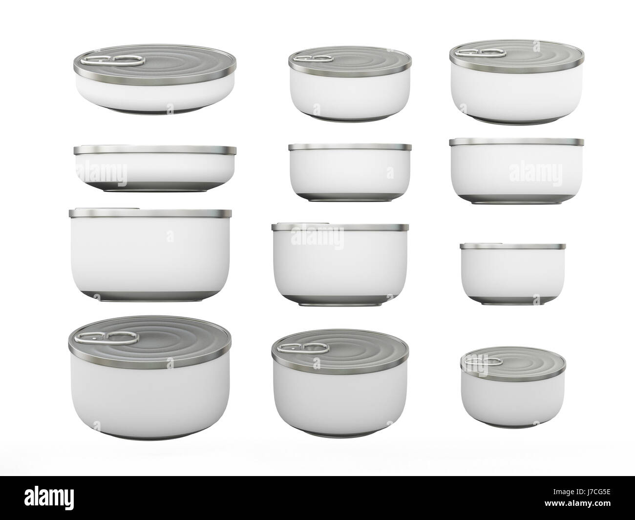 Set of white round bottom tin cans in various sizes . General can ...