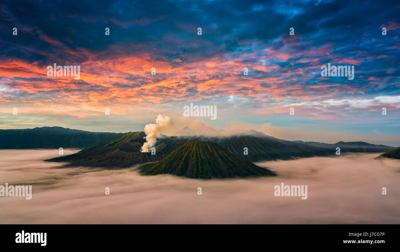 Mount Bromo volcano (Gunung Bromo) during sunrise from viewpoint on ...