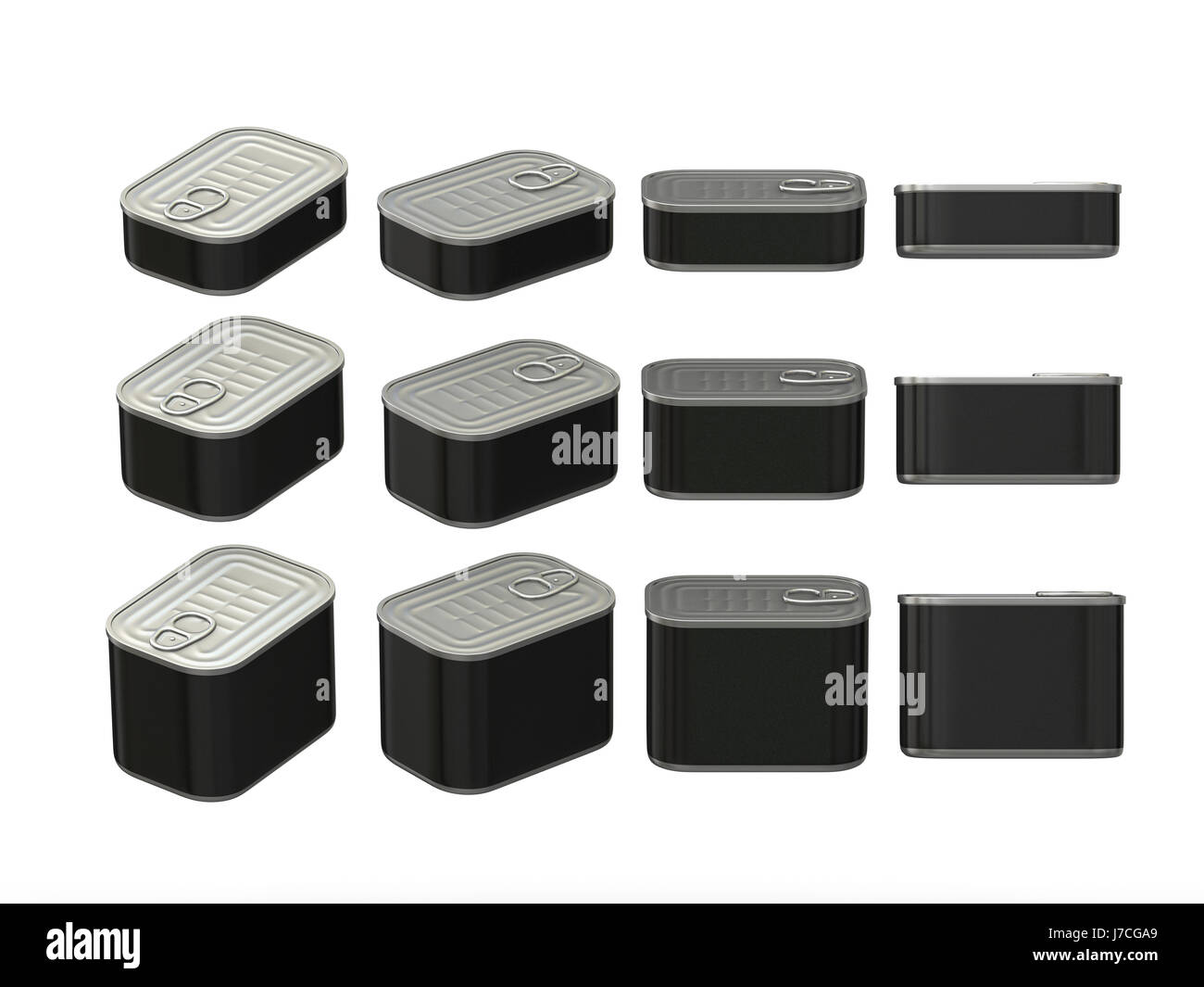 Set of black rectangle tin cans in various sizes . General can ...