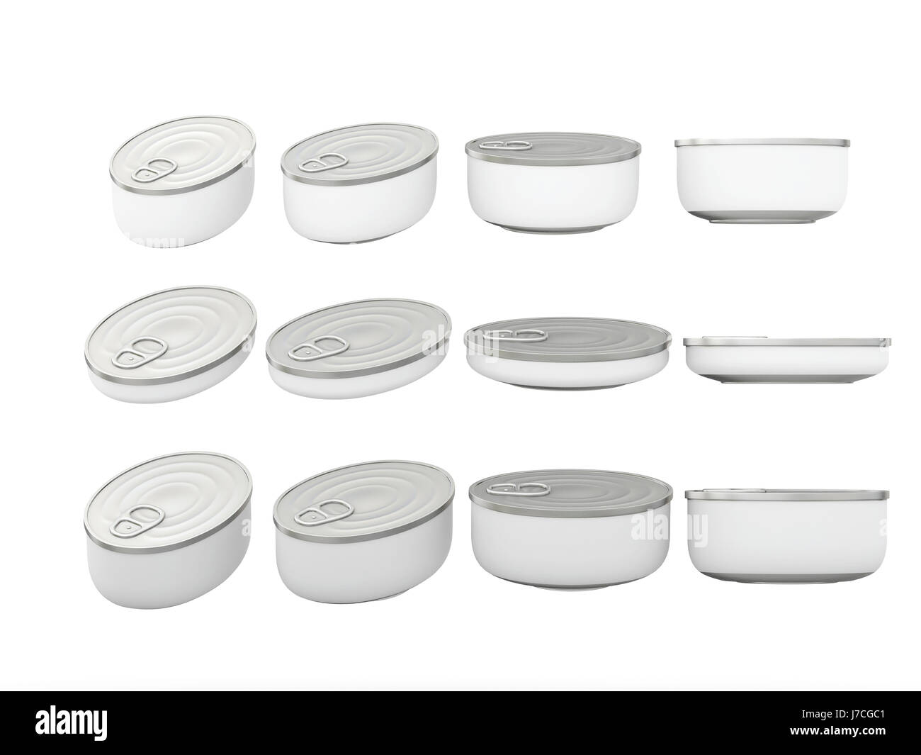 Set of white round bottom oval tin cans in various sizes . General can ...